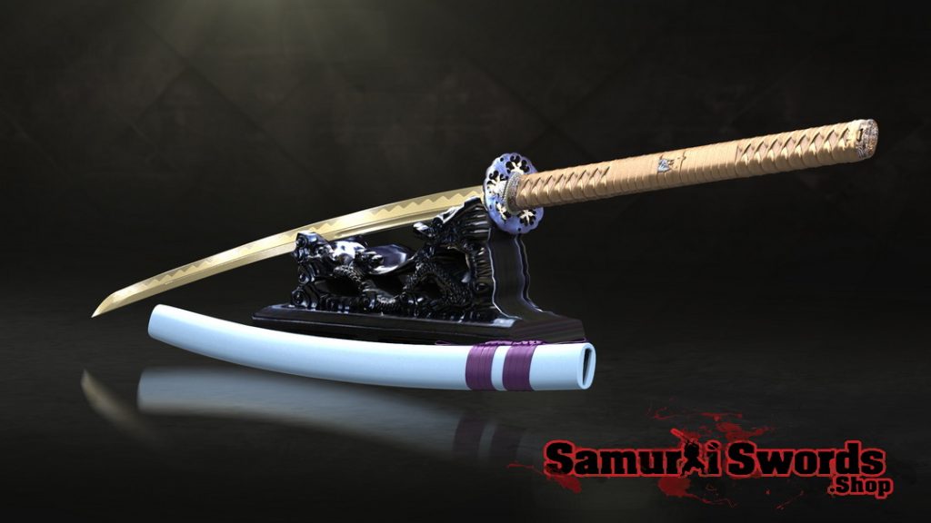Nagamaki 1095 Clay Tempered Steel with Gold Acid Dye and Hadori Polish ...