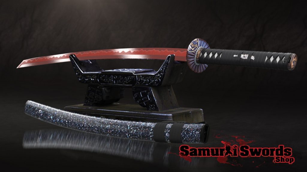 Katana Sword T10 Folded Clay Tempered Steel with Black and Red Dye and ...