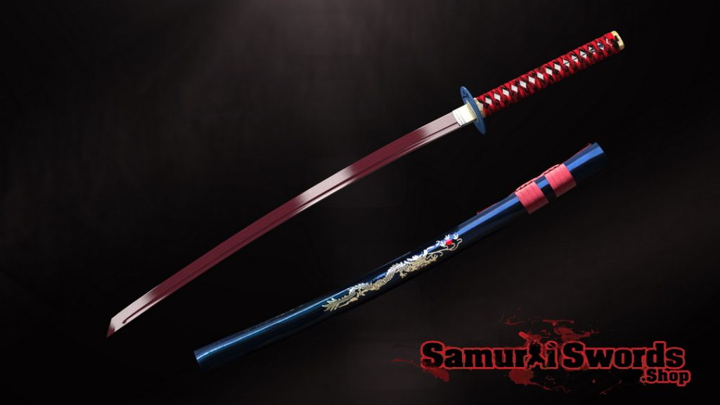 Damascus Katana Sword 1060 Folded Carbon Steel with Black and Red Dye ...
